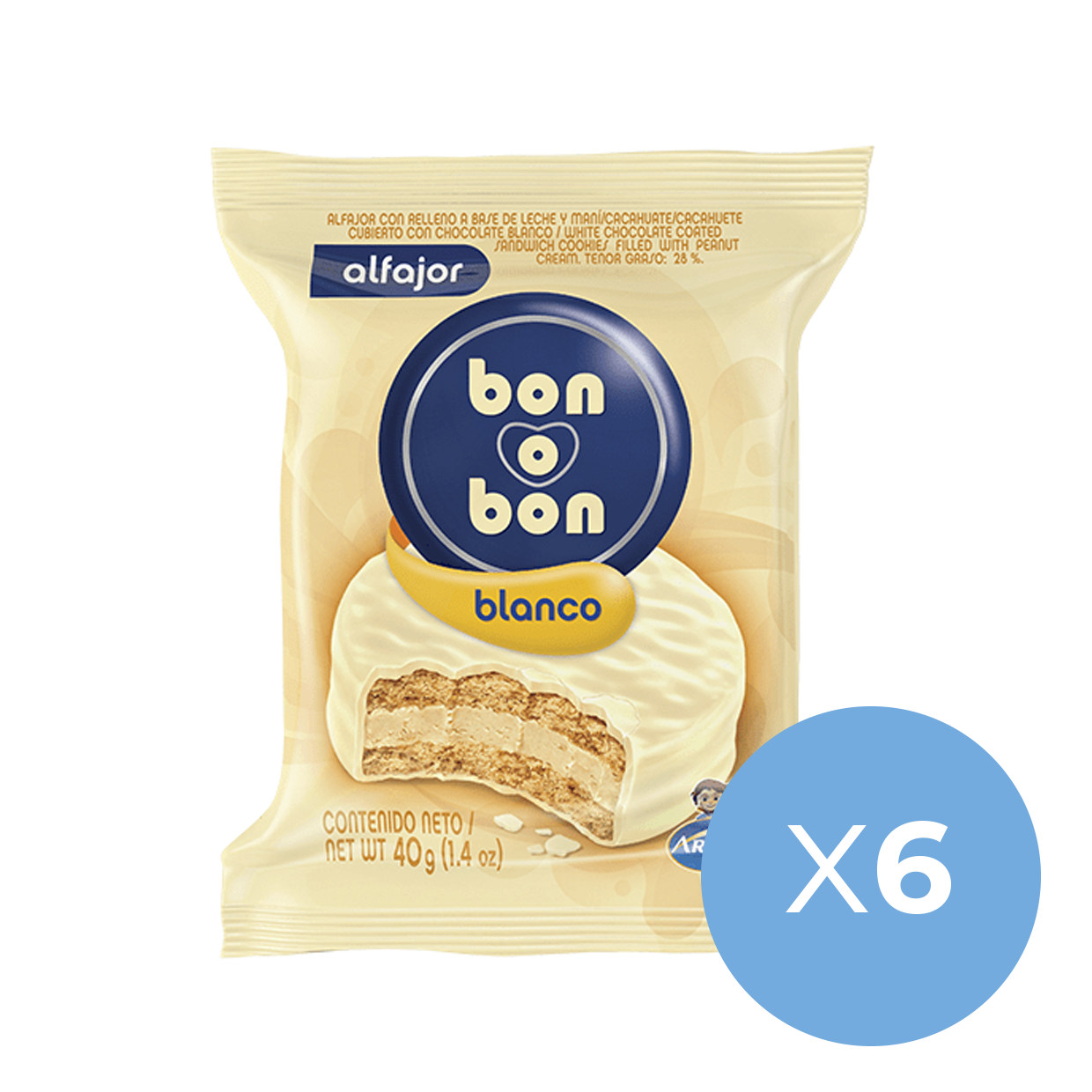 Alfajor Bon o Bon White x 6 Units of 40 g / 1.41 oz